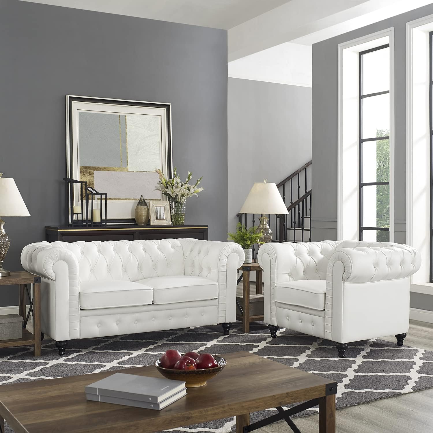 Amazon.com: Chesterfield Sofa Set Loveseat Accent Chair Living Room ...