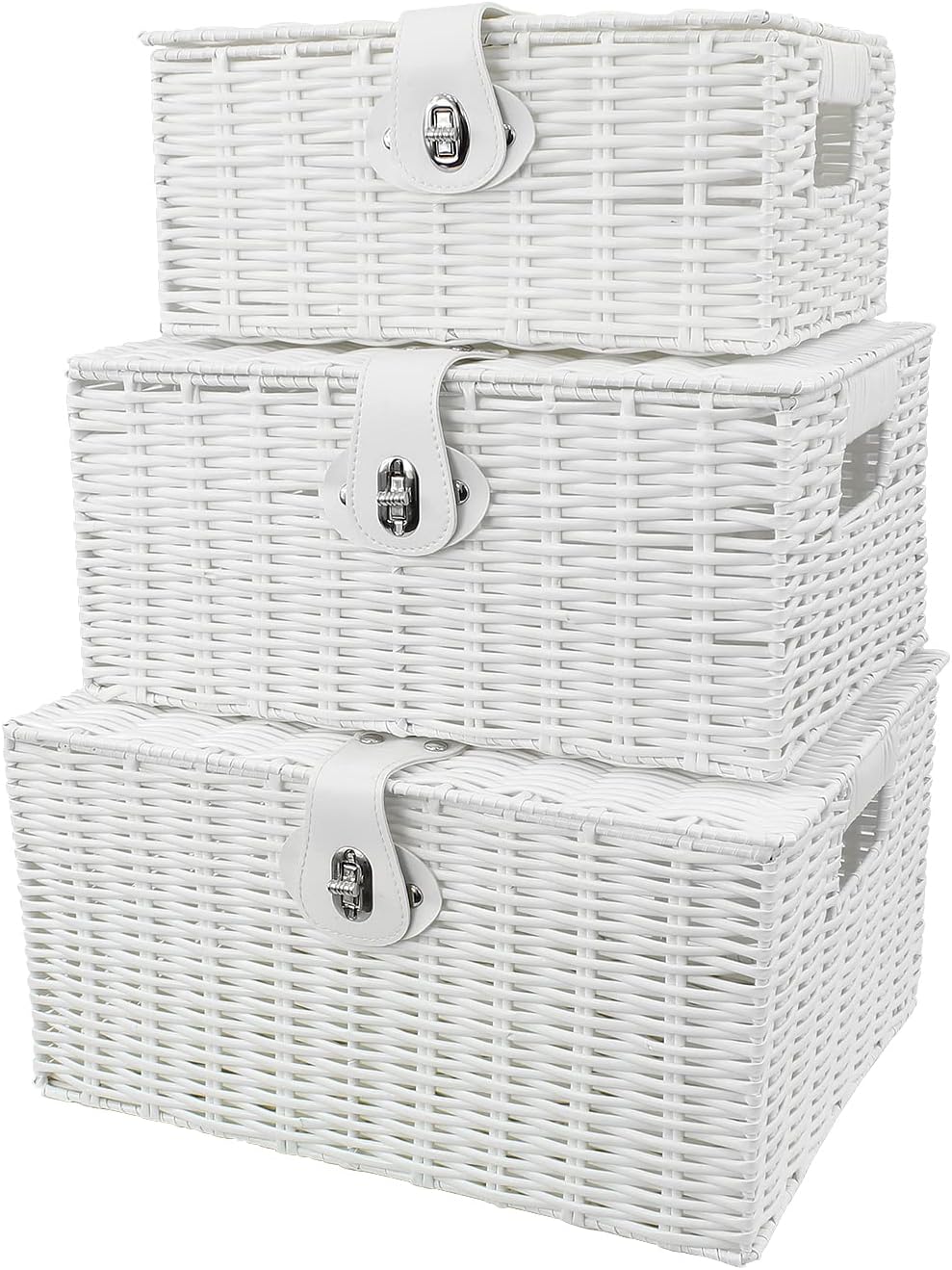 Set 3 Storage Resin Wicker Baskets Hamper Stackable Woven Lock Lid Box ...