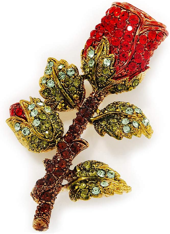 Amazon.com: Exquisite Red Diamante Rose Brooch (Gold Plated Metal ...