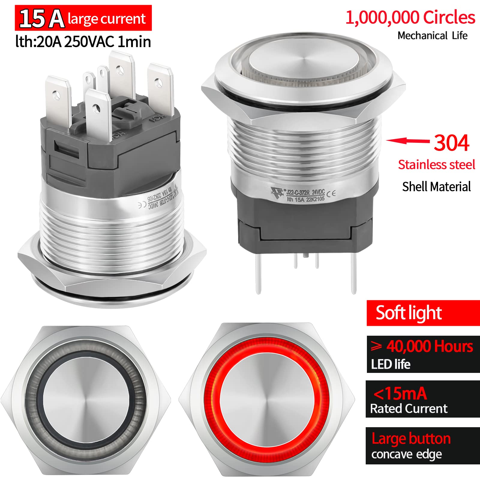 Snapklik.com : 15Amp 22mm Push Button Switch 24VDC/AC Latching Waterproof IP67 DPST 2-Ways Angel ...