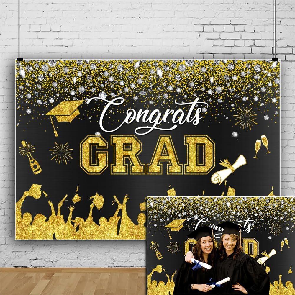 Amazon.com : Leowefowa Congrats Grad Backdrop 10x7ft Black Gold Glitter ...