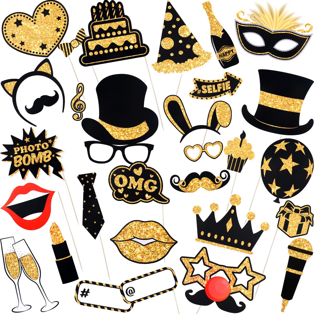 Amazon.com: 30 Pieces Photo Booth Props, Gold Black Glitter Photo Booth ...