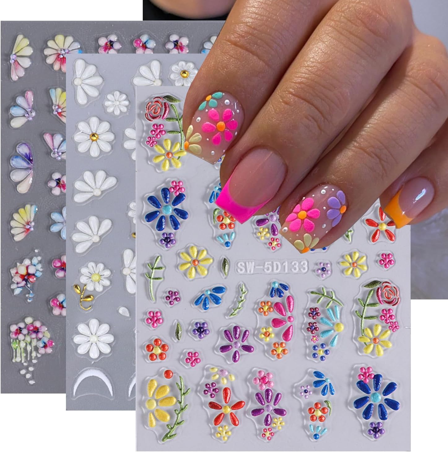 Amazon.com: Flower Nail Art Stickers 5D Embossed Self Adhesive Nail ...