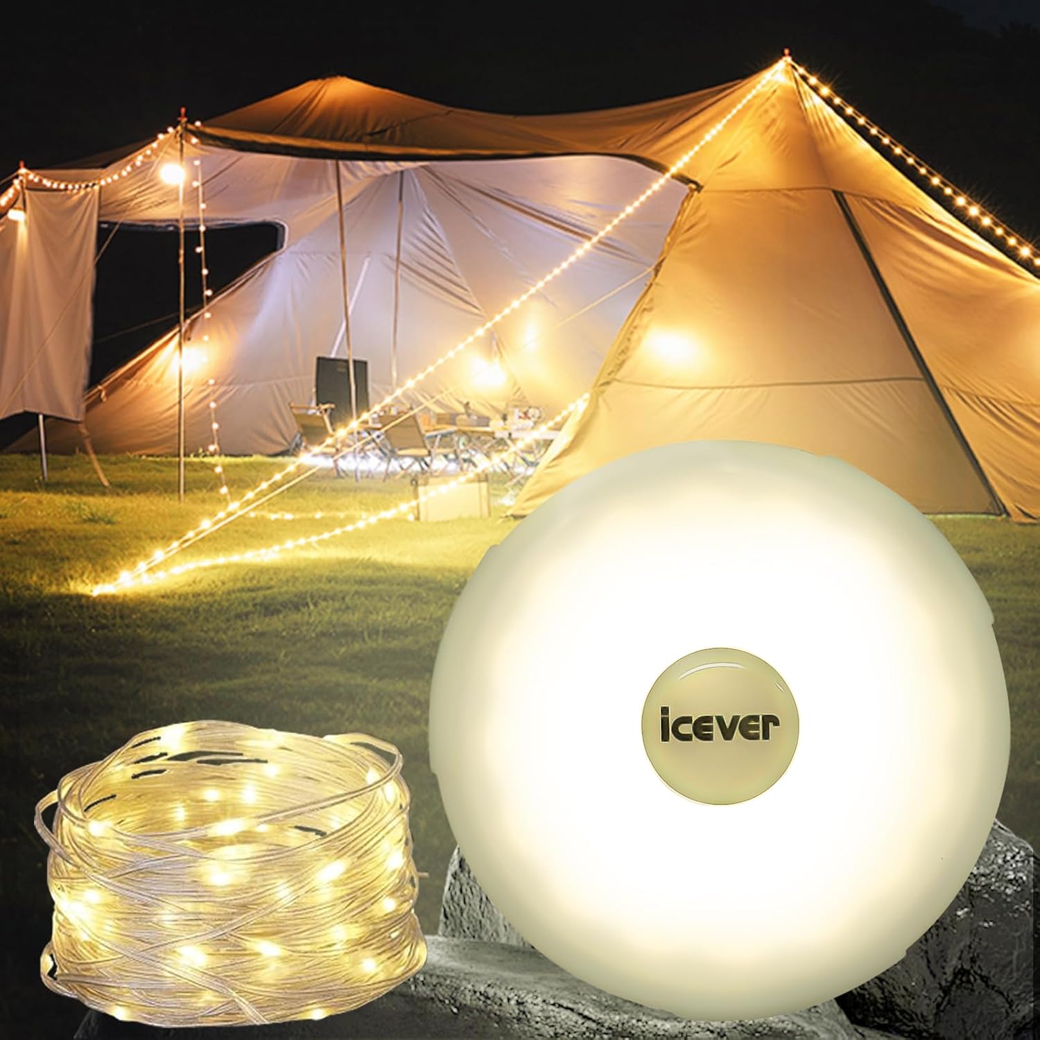 icever Camping String Lights, 32.8FT Rechargeable Waterproof Hanging ...