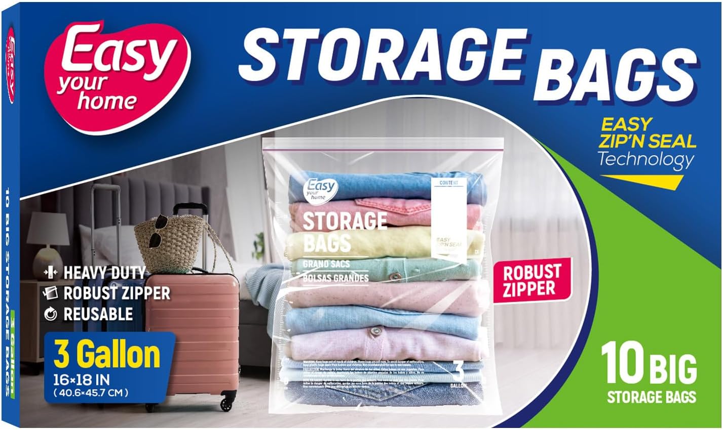 Amazon.com: EASYYOURHOME 10PCS 3 Gallon Zipper Lock Storage Bags,16"x18 ...