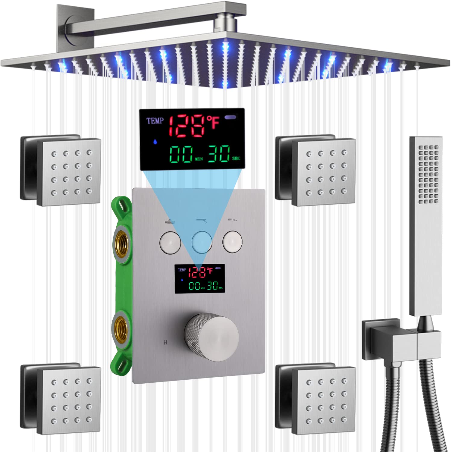 AYIVG Brushed Nickel Full Body Shower System Wall Mount 12 Inch LED Rain Shower System With 4pcs ...