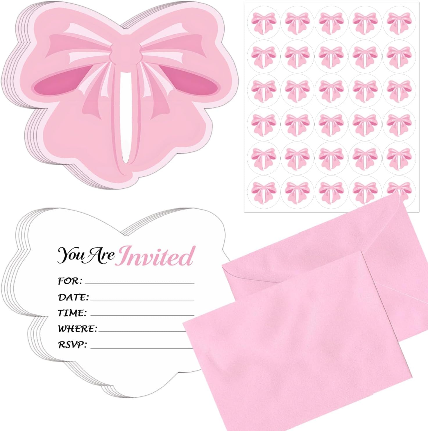 Amazon.com : 30 Set Pink Bow Shaped Invitation 6×5 inch Wedding ...