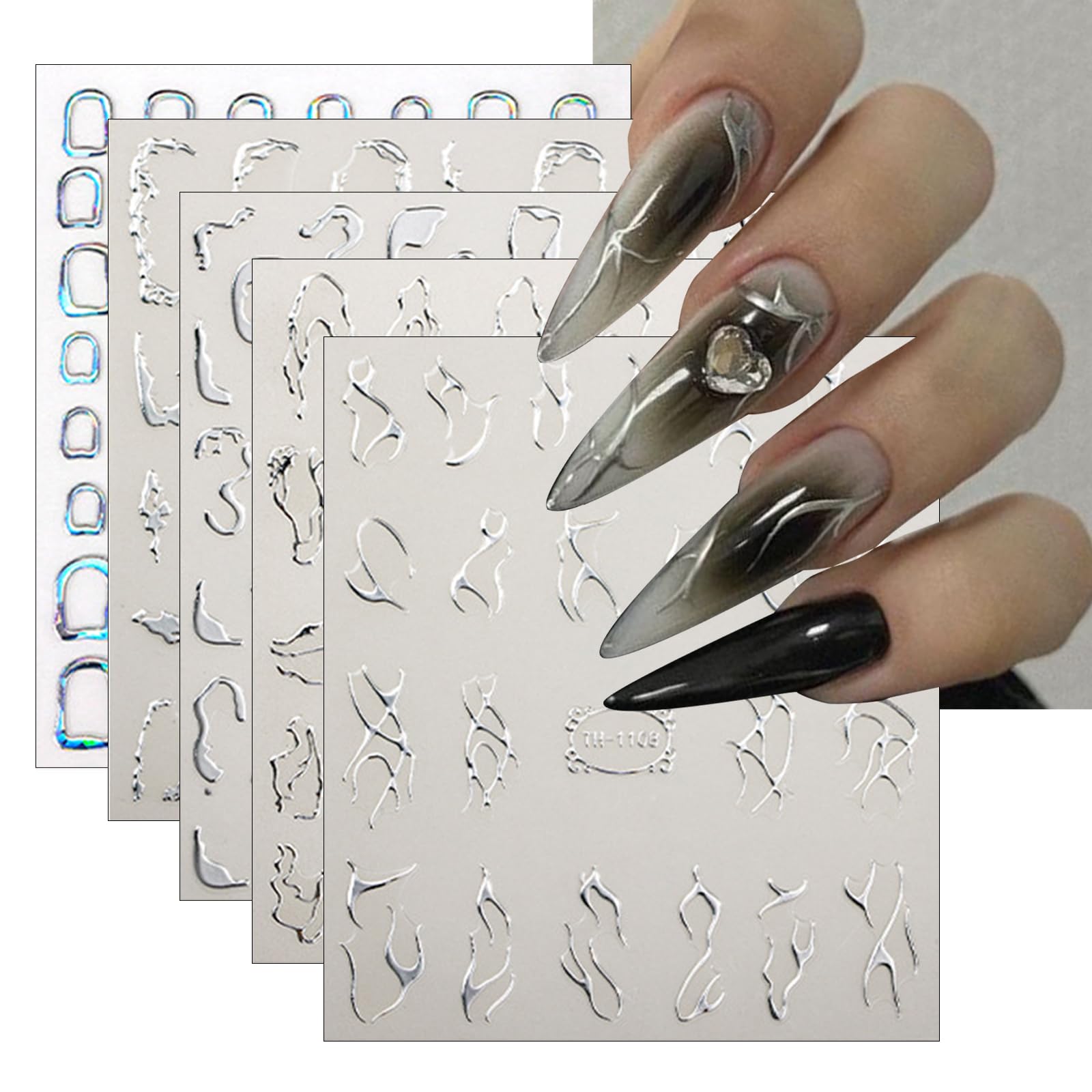 Amazon.com: 5 Sheets Lines Nail Art Stickers Decals Silver Stripe Line ...