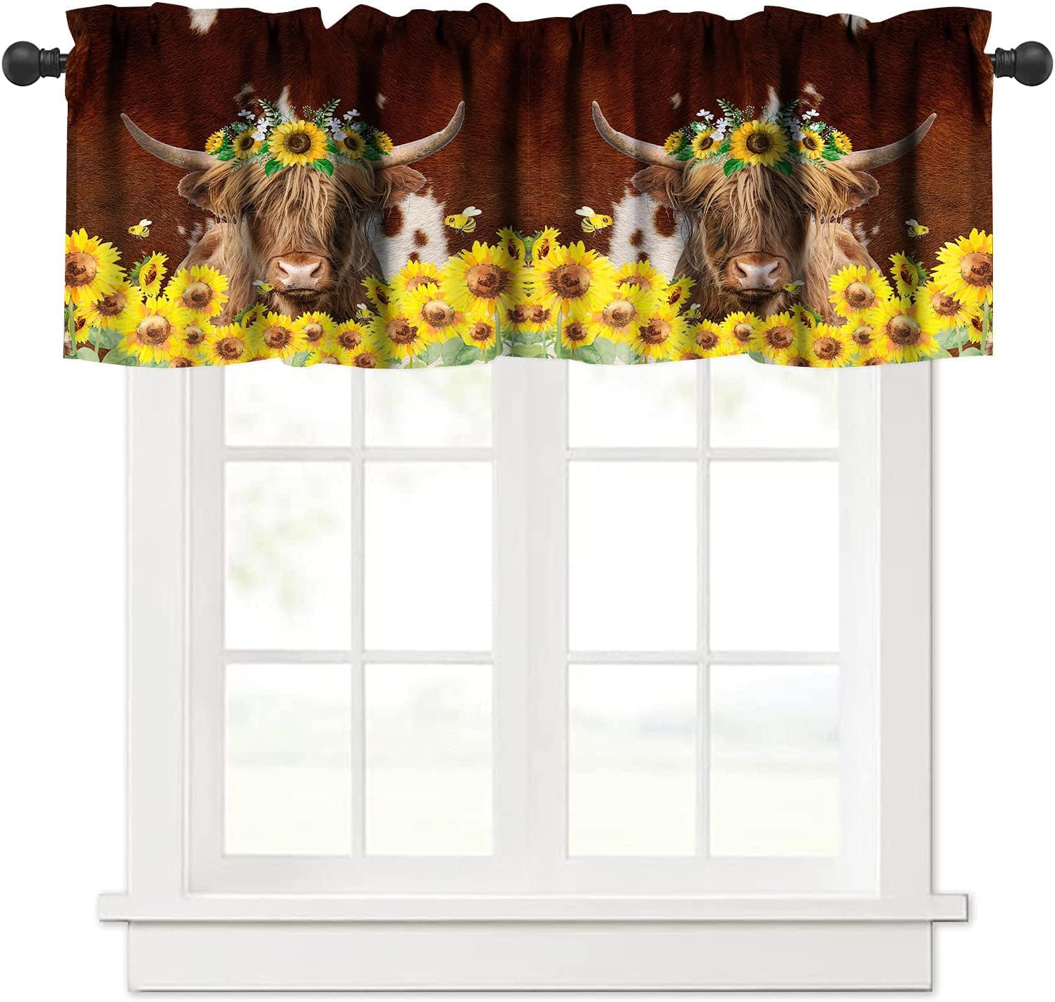 Amazon.com: Sunflower Highland Cow Kitchen Curtain Valance, Brown Cow ...