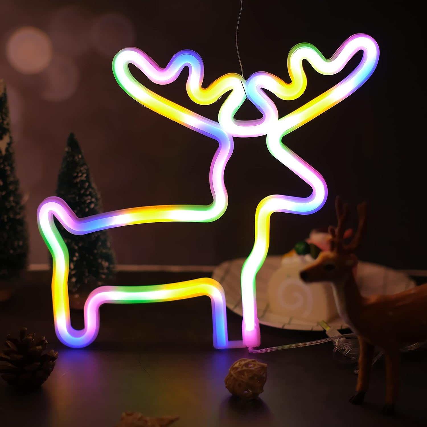 Ailesiy Elk Neon Lights Christmas Elk Night Sign, Colorful Elk Shaped ...
