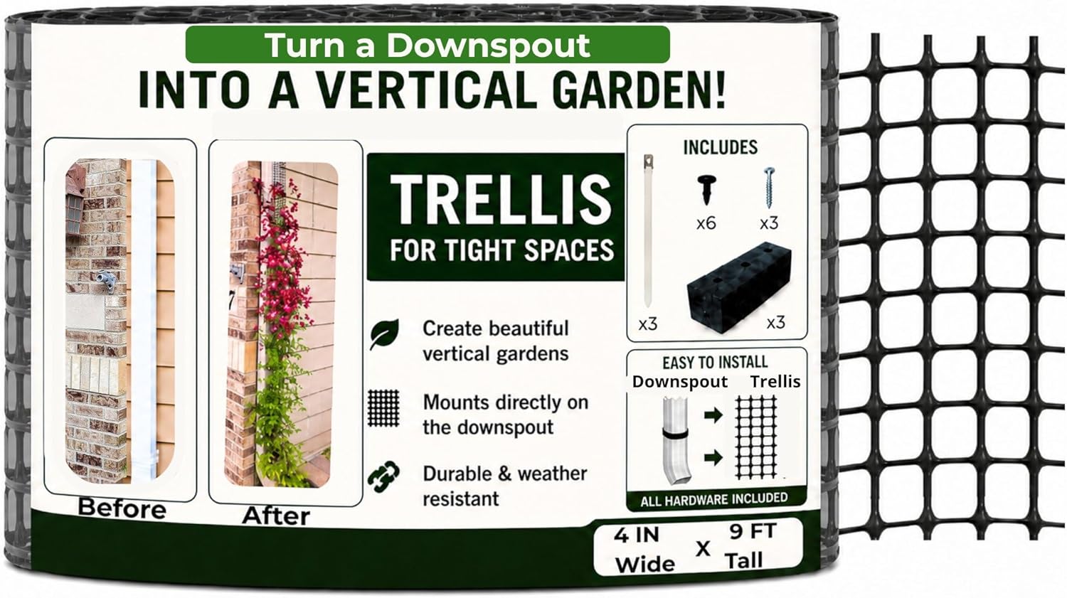 Amazon.com : Downspout Trellis for Rain Gutters and Downspouts 9 ft x 4 ...