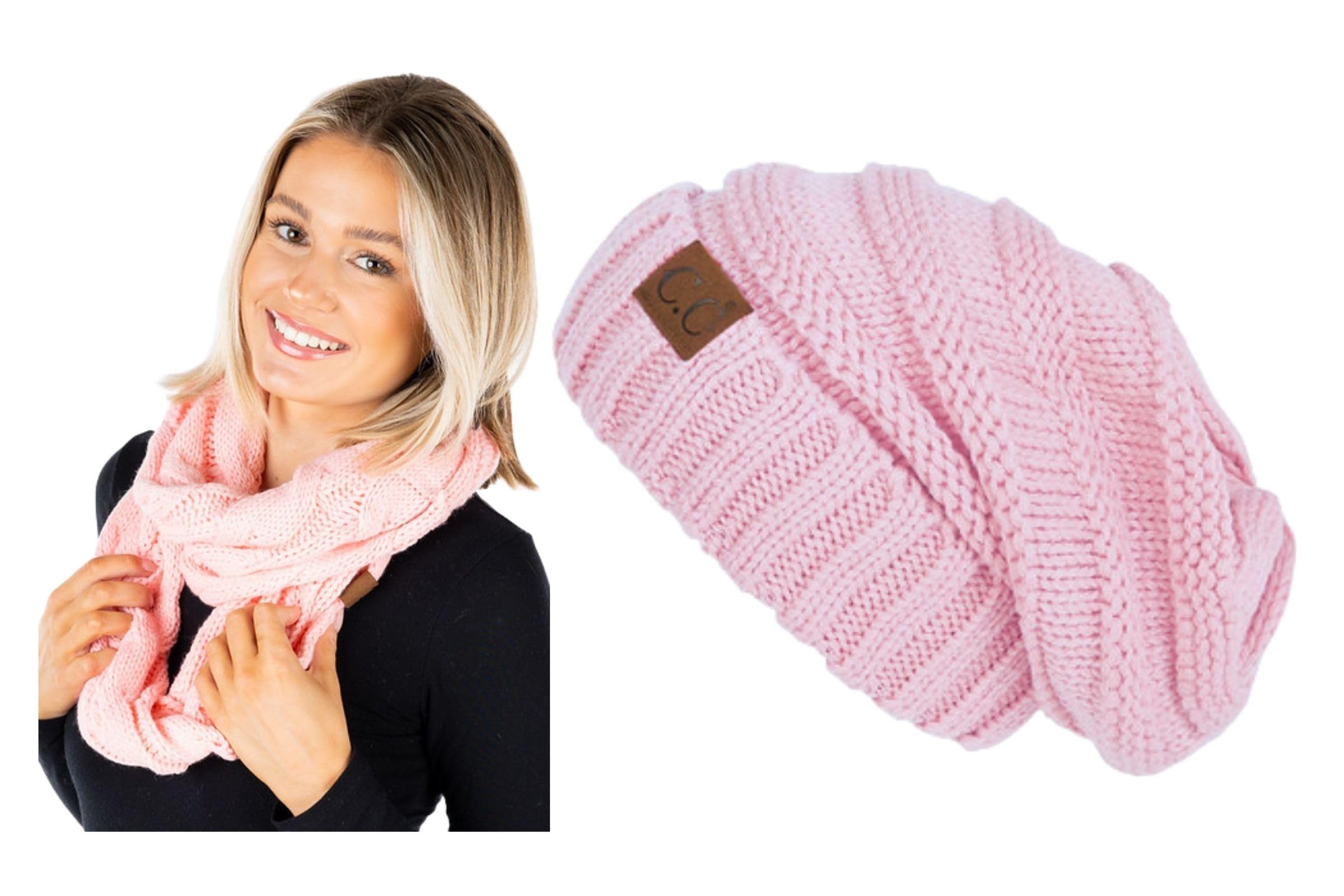 Amazon.com: Funky Junque Matching 2 Pk Oversized Beanie & Ribbed Infinity Scarf - Pale Pink