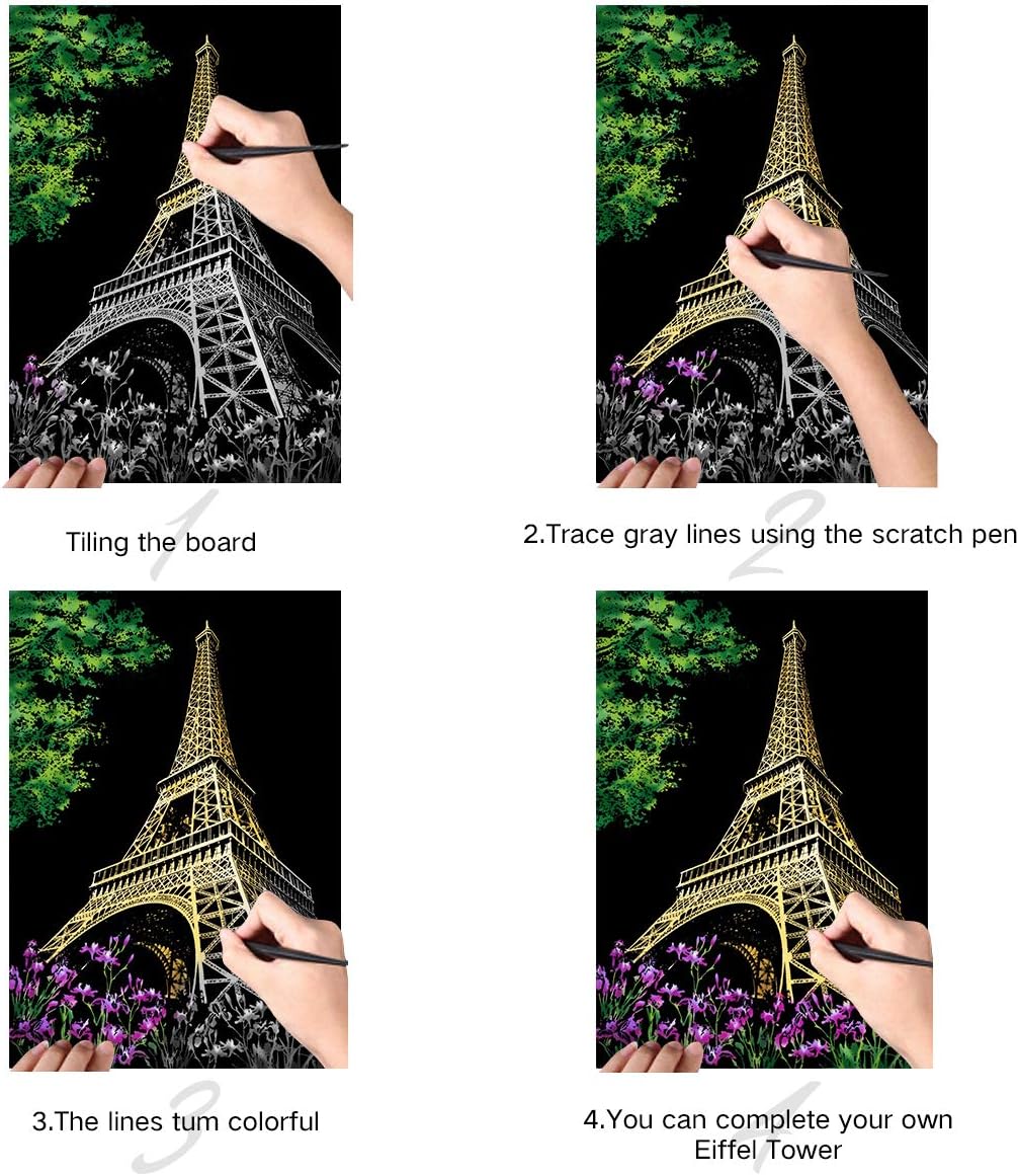 H HOMEWINS Scratch Art Paper 405 x 285mm Night View Scratchboard World ...