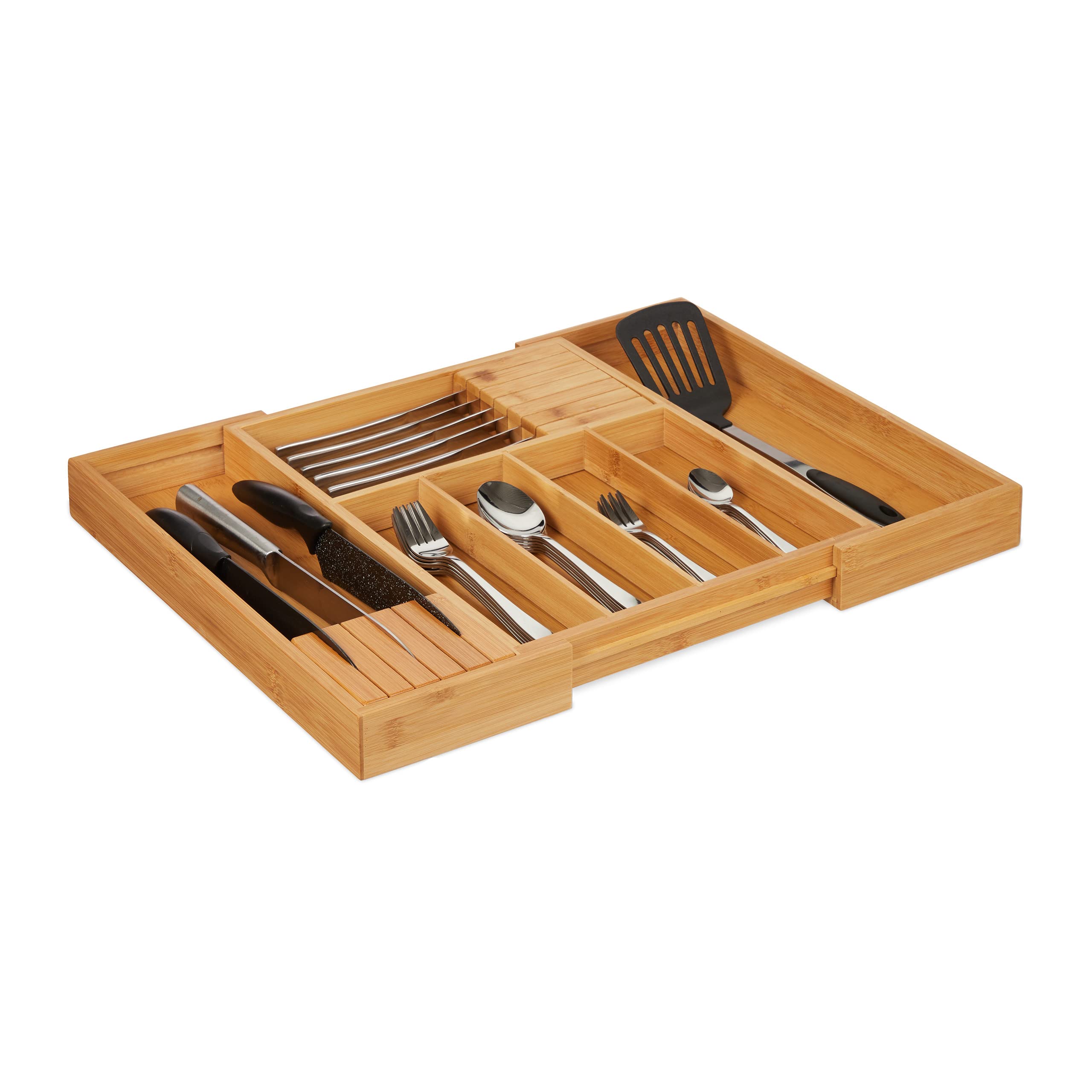 Relaxdays 10027482 Bamboo Cutlery Tray, Extendible, 2 Knife Blocks ...