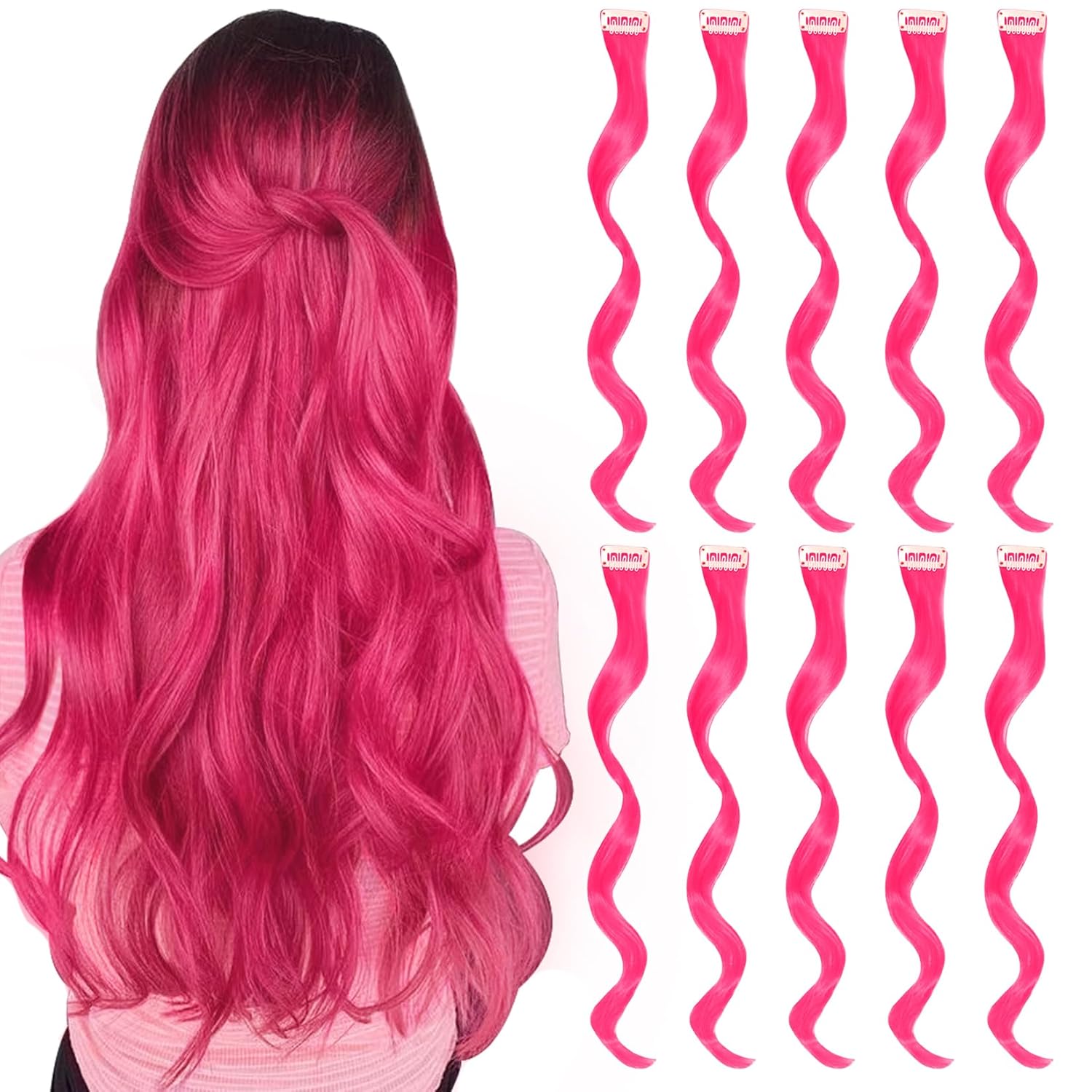 Amazon.com : BUMMSEVEN Pink Hair Extensions Clip in, Curly Wavy Colored ...