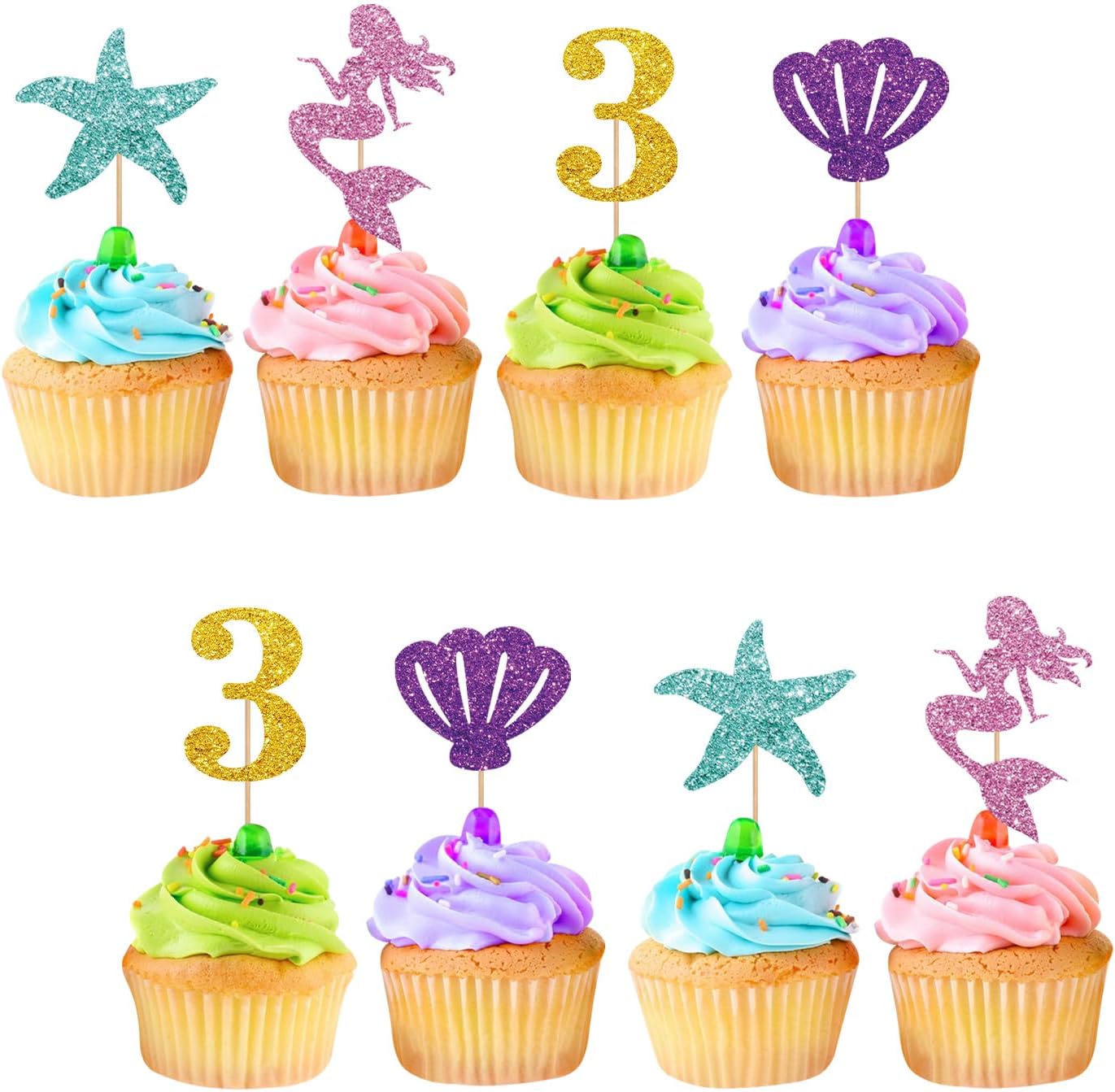 Amazon.com: 24pcs Mermaid 3rd Birthday Cupcake Toppers, Pink Glitter ...