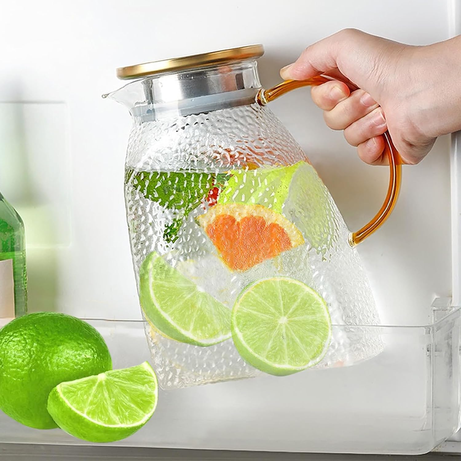 Water Pitcher 1.8L/60 oz Glass Jug, High Borosilicate Water Jug for Fridge Door, Leakproof Water ...