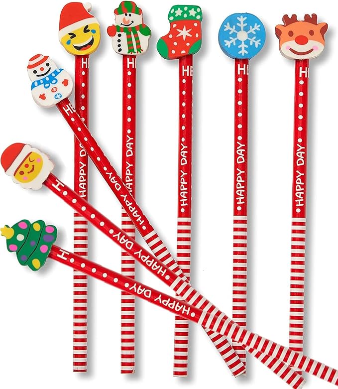 LATERN 60Pcs Christmas Pencils with Erasers, 8 Styles Cartoon Erasers ...