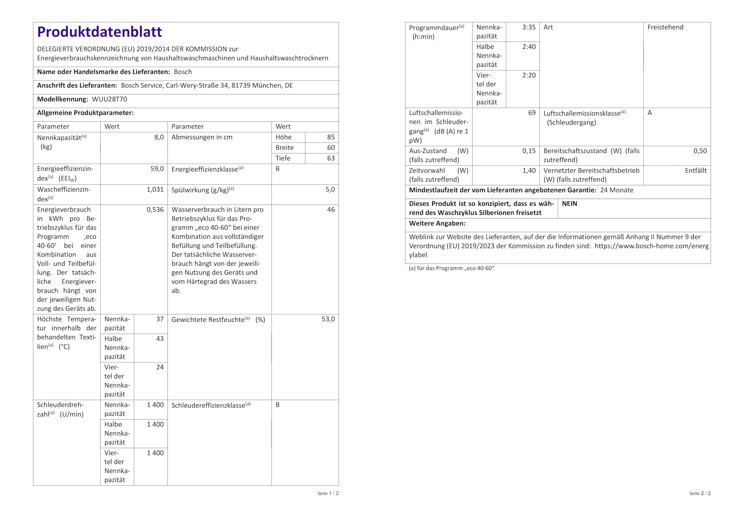 Bosch WUU28T42, Serie 6, Unterbaufähige Waschmaschine, 1-9kg, 1400 UpM ...