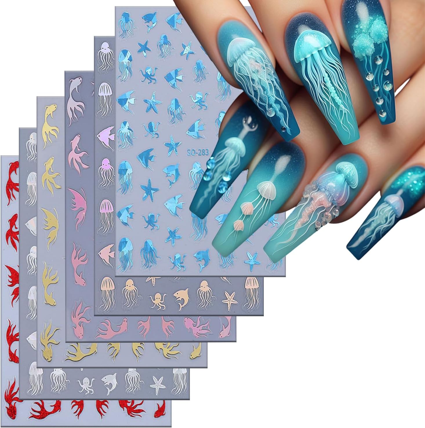 Amazon.com: 6 Sheets Ocean Animals Nail Art Stickers 3D Self -Adhesive ...