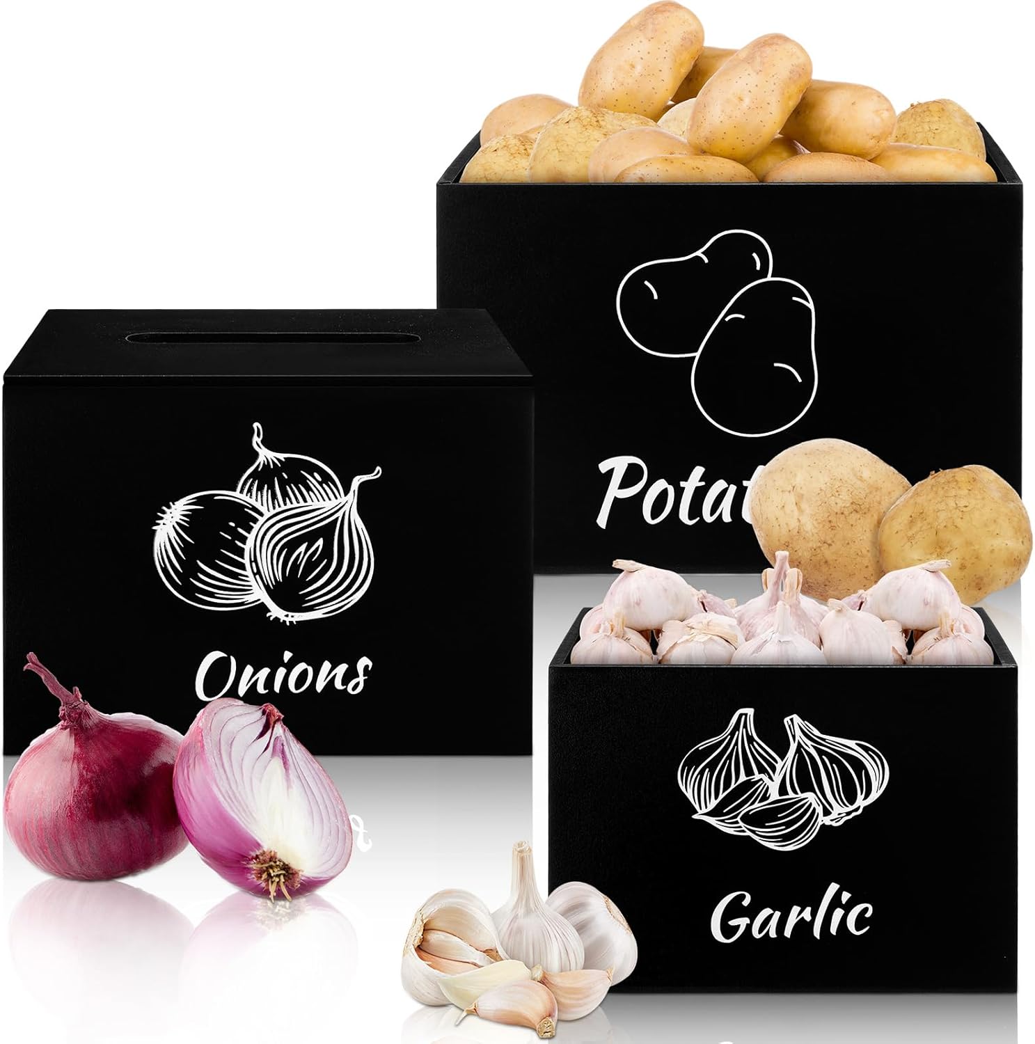 Suzile 3 Pcs Potato and Onion Storage Bin, Kitchen Wooden Garlic ...