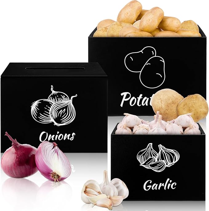 Suzile 3 Pcs Potato and Onion Storage Bin, Kitchen Wooden Garlic ...