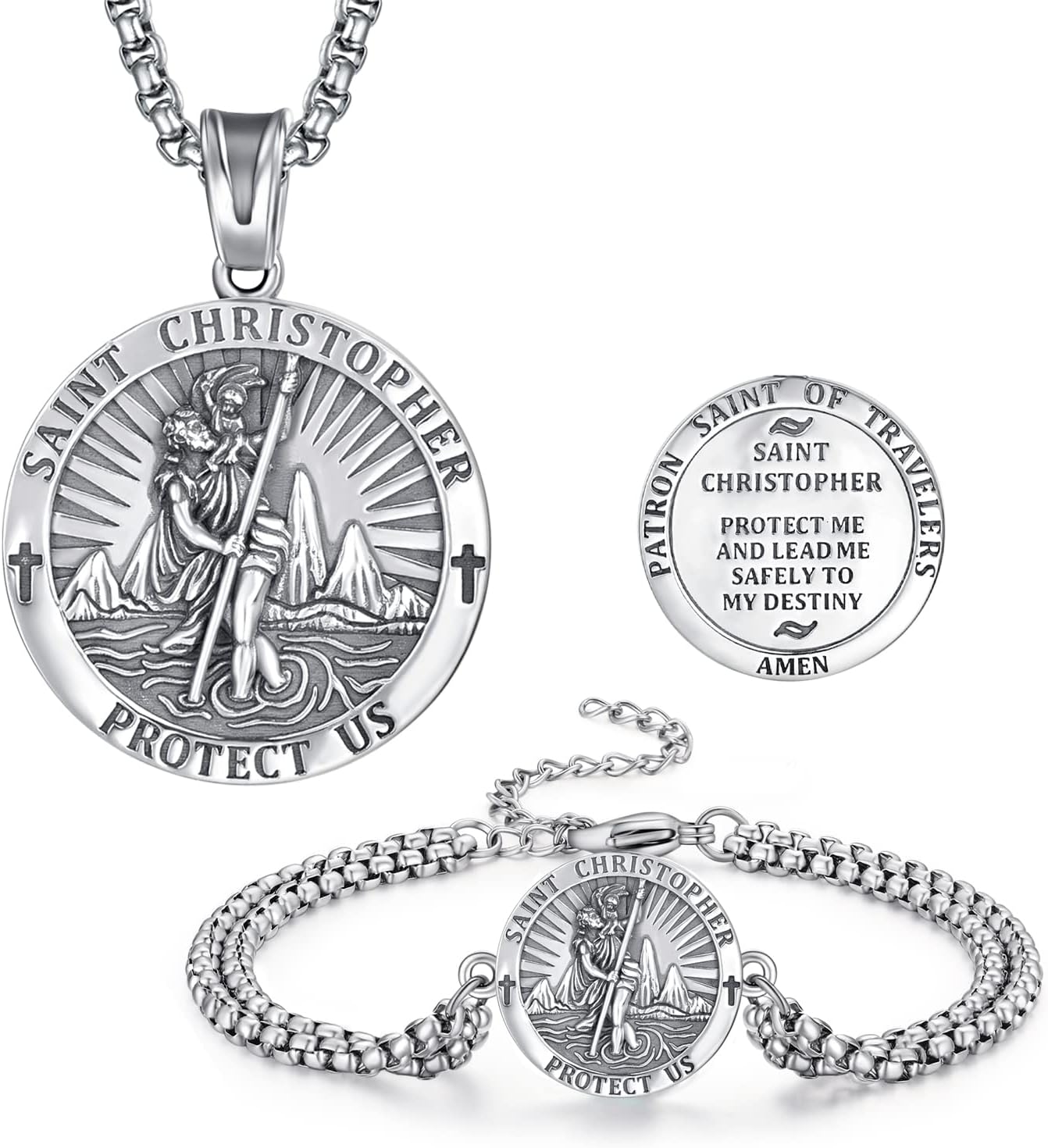 ADMETUS St Christopher Necklace & St Christopher Bracelet Round Saint ...