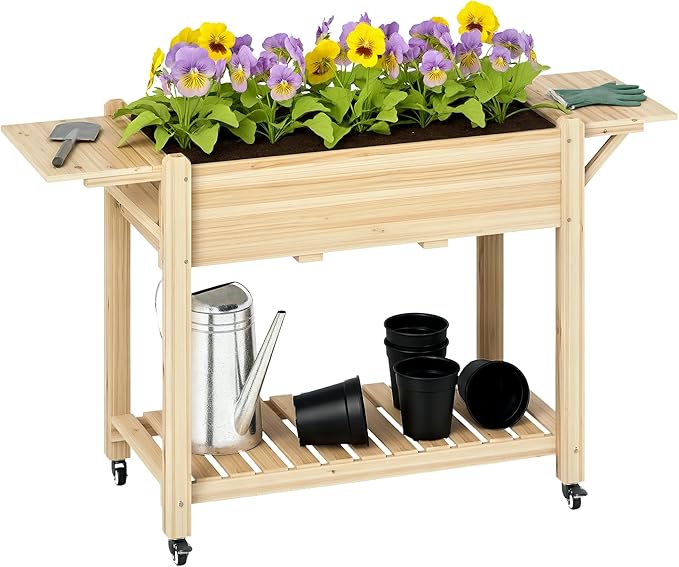 Outsunny Raised Garden Bed, Wooden Elevated Planter Box with Lockable ...