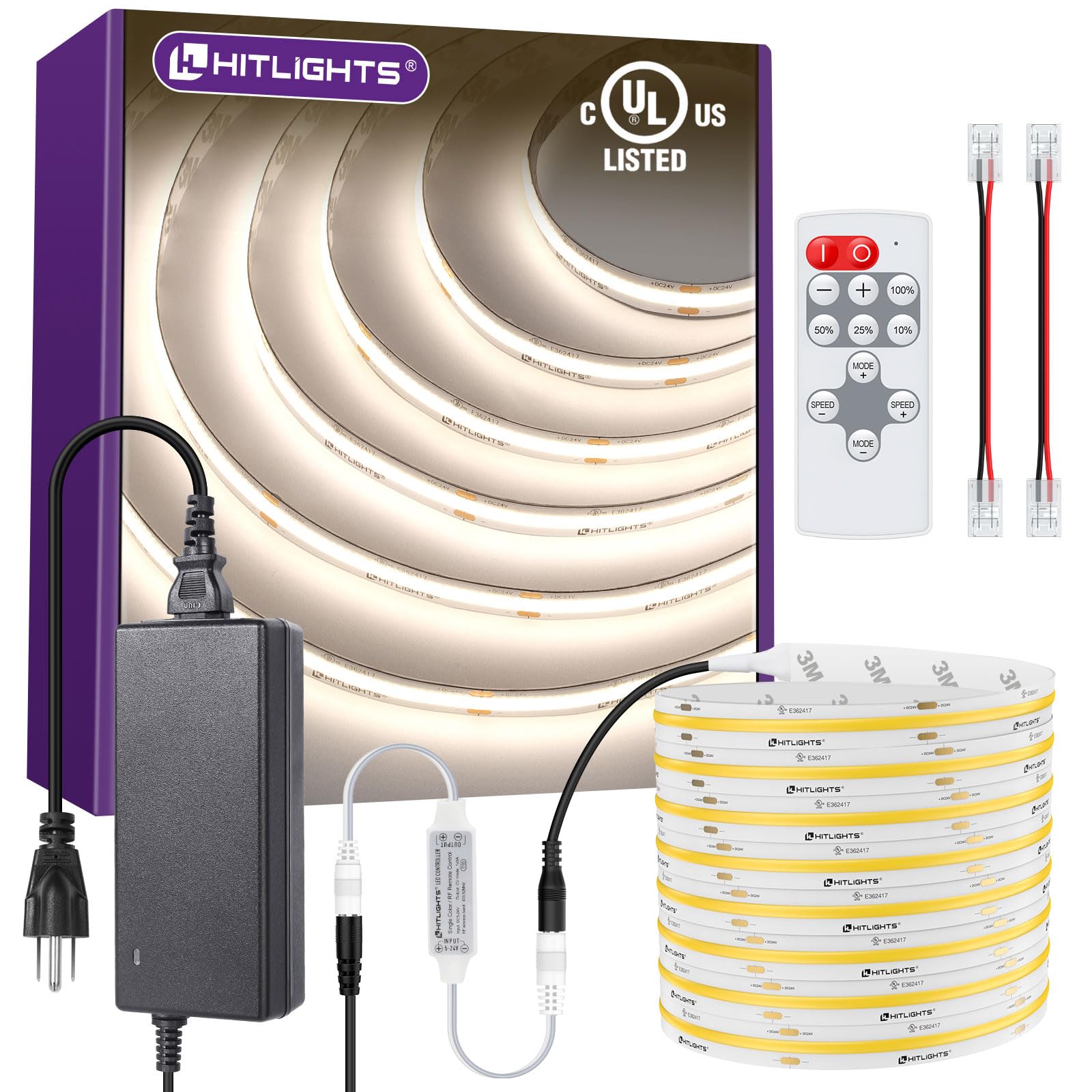 Amazon.com: HitLights COB White LED Strip Lights Kit with Remote & 24V ...