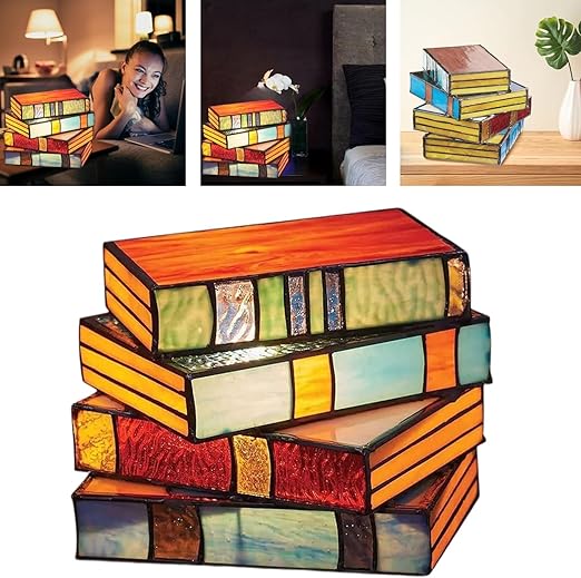 AICPHOKCR Stained Glass Stacked Books Lamp, Handcrafted Glass ...