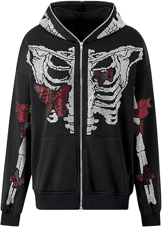 Taoocy Men Rhinestone Y2k Full Zip Up Hoodies Women Oversized Skull ...