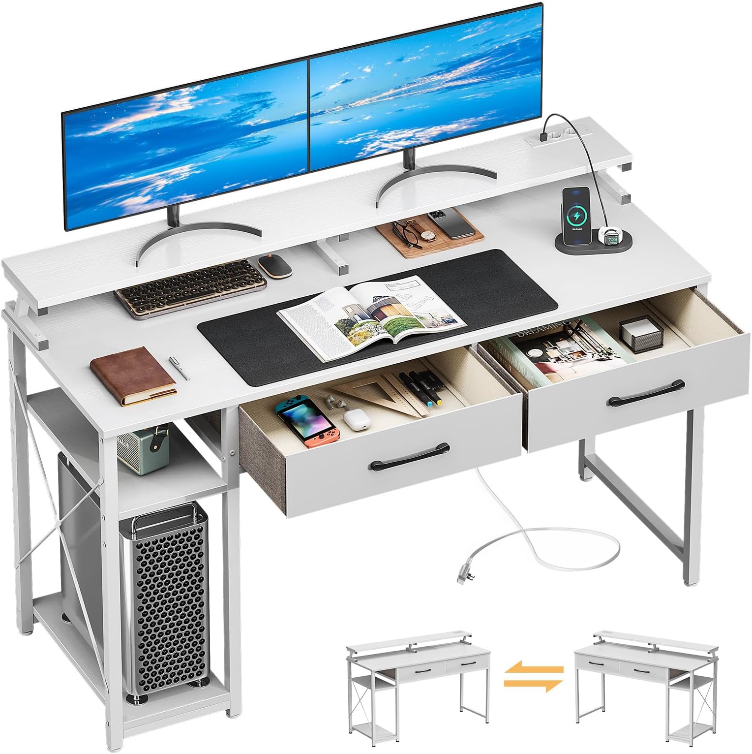 ODK Schreibtisch Weiß, Computertisch mit Schubladen, 120x48x90cm ...