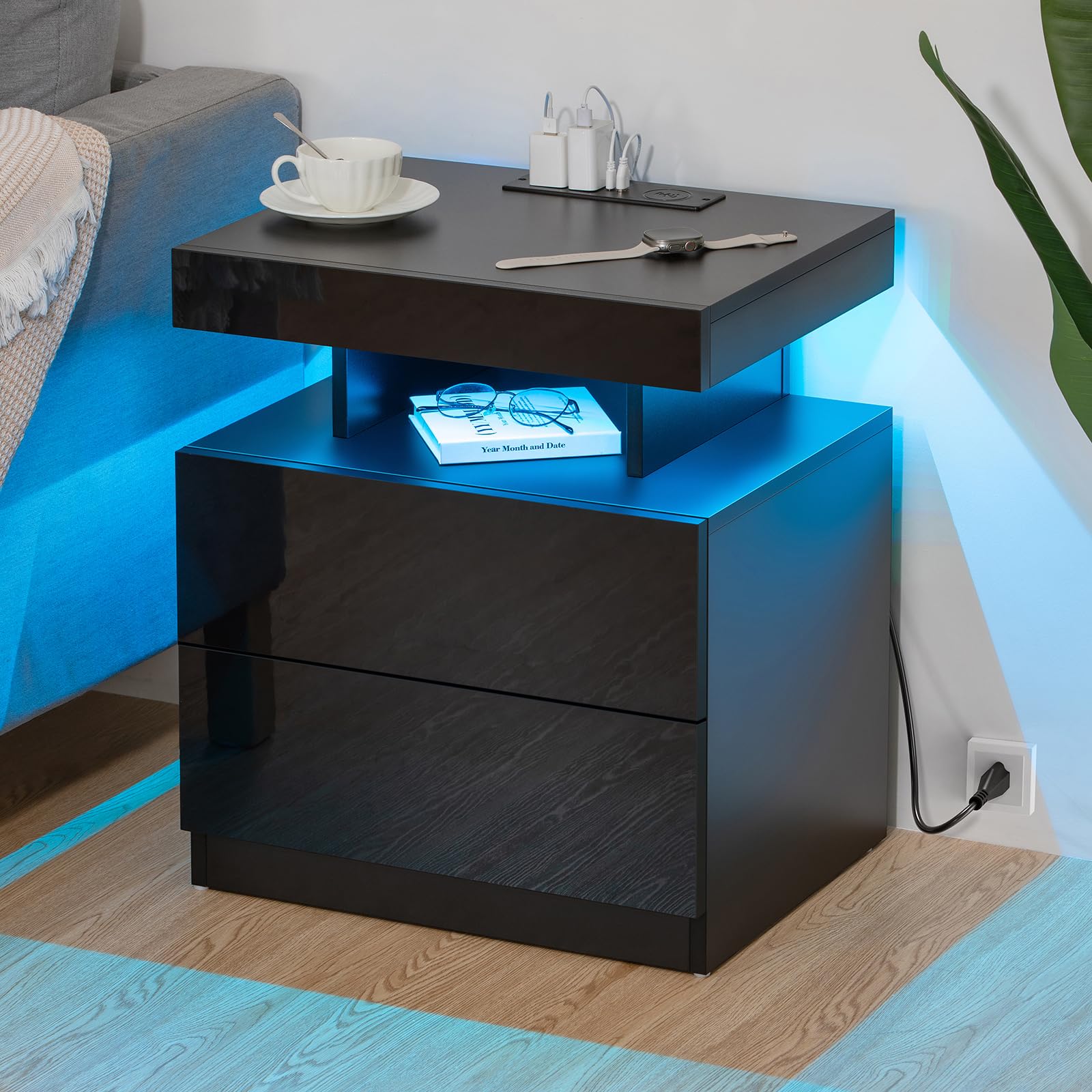 HOMMPA Black LED Nightstand with Wireless Charging Station 2 Outlets ...