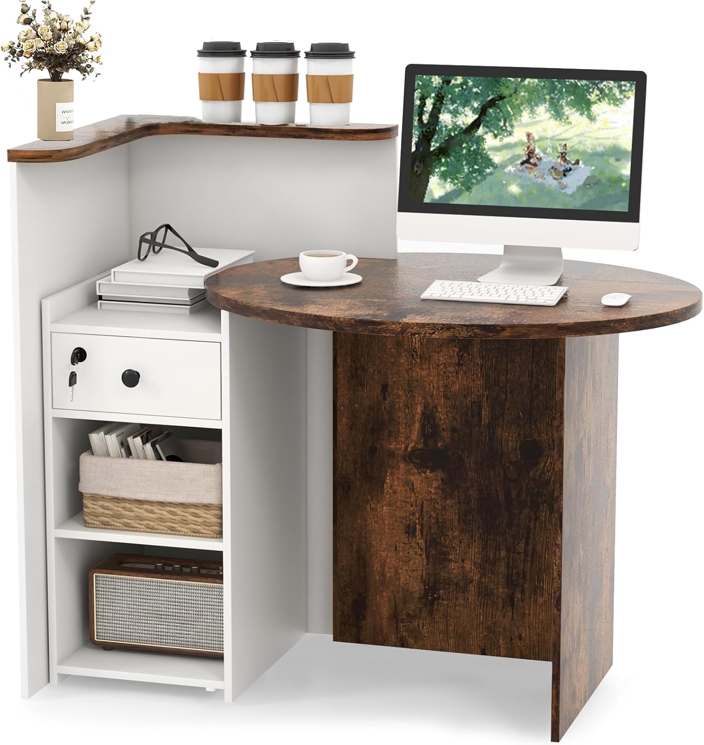 SFAREST Reception Desk, Wooden Front Cashier Table with Open Shelf and ...