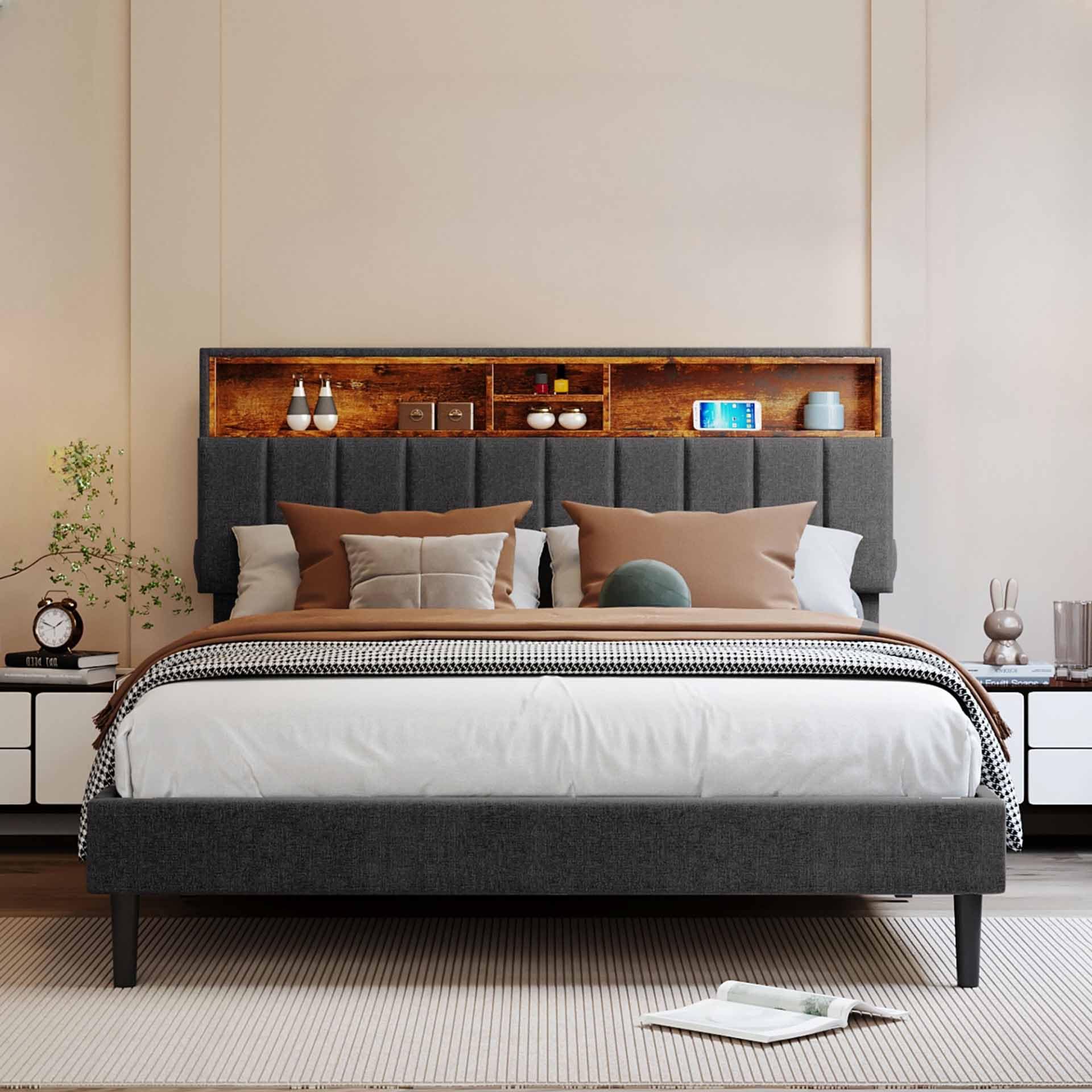 Amazon.com: Mdhitsox Modern Bed Frame with Storage Headboard and USB ...
