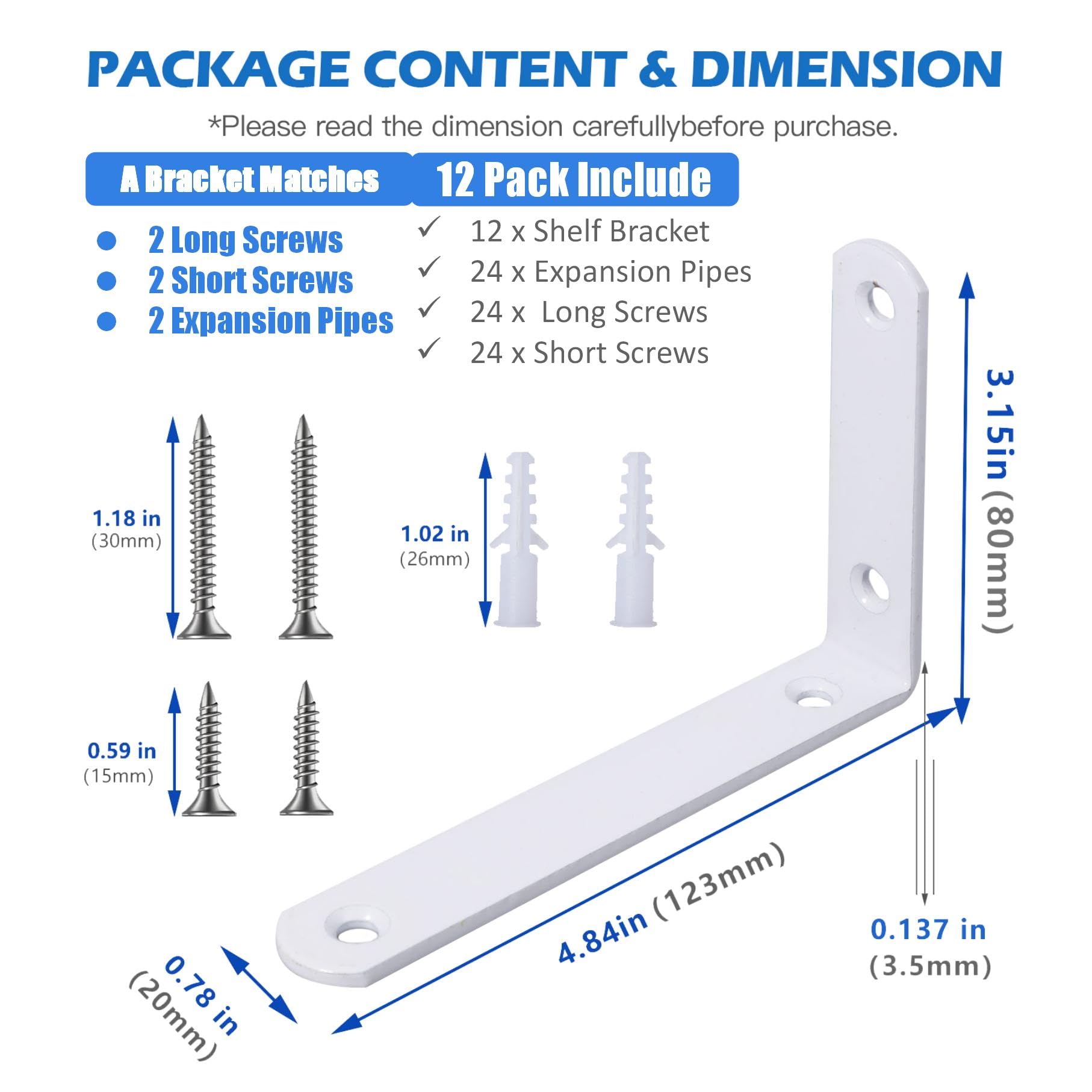 Snapklik.com : 12 Pcs White L Shelf Bracket,5 Inch/123x80x35mm Steel ...