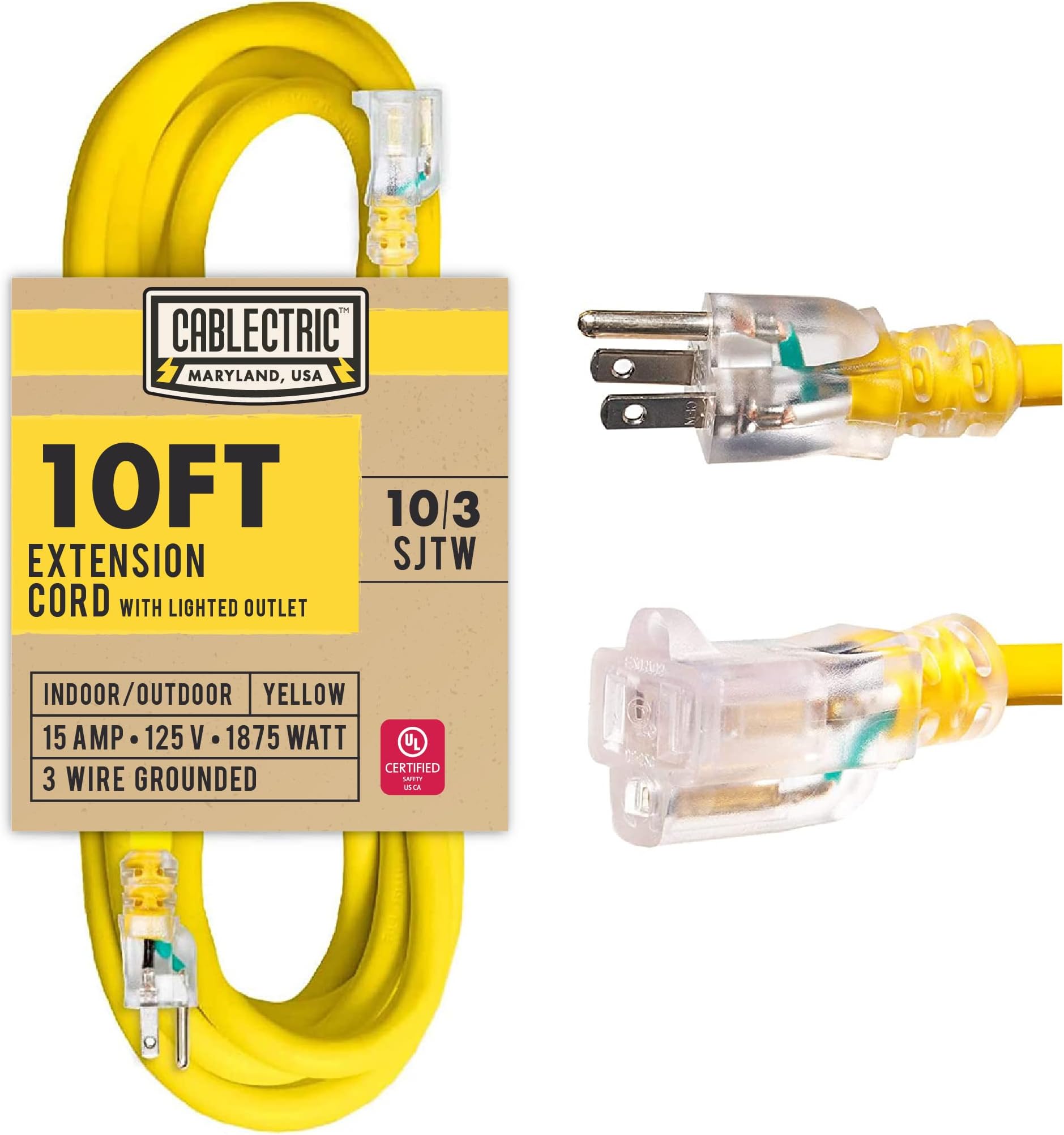 Cablectric 10 Ft Outdoor Extension Cord - 10/3 SJTW Heavy Duty Yellow ...