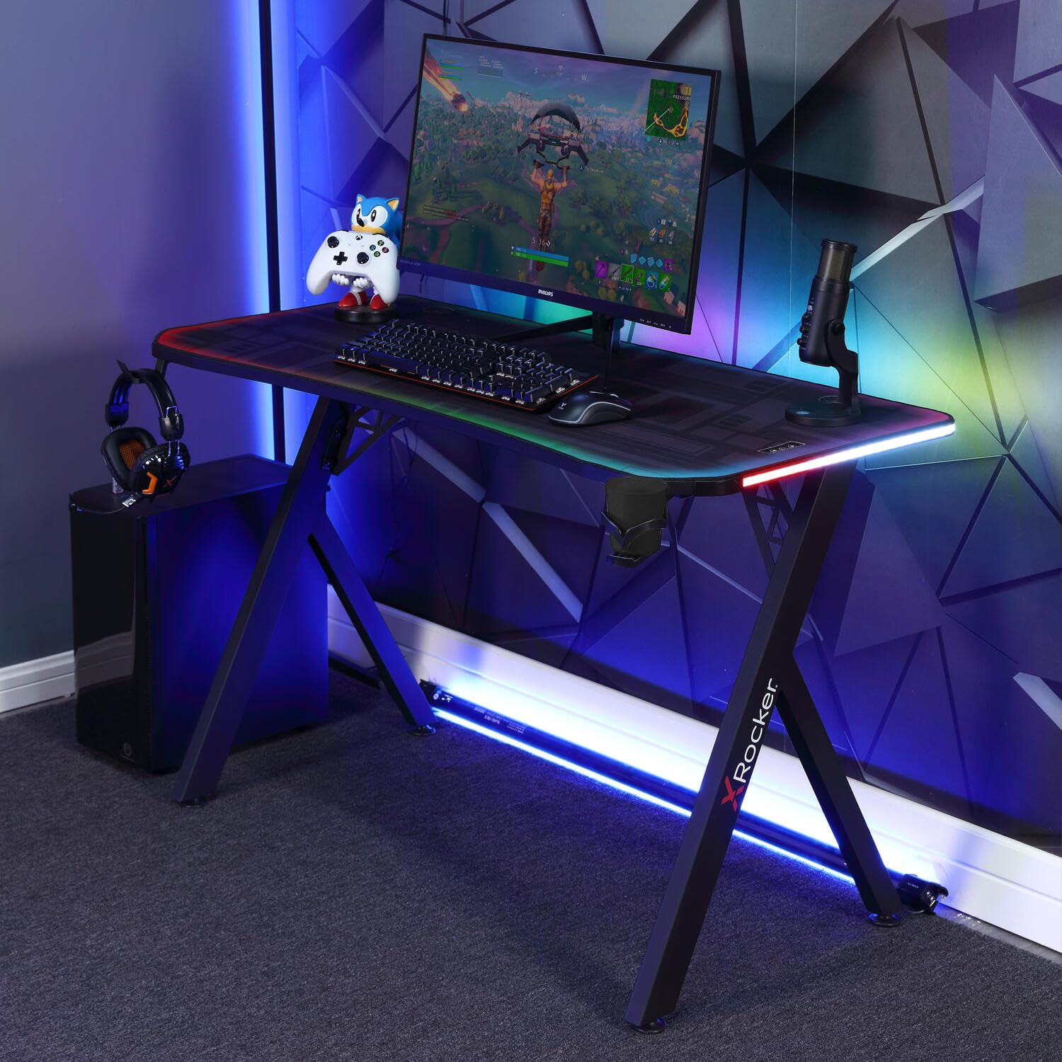 X-Rocker Lumio Compact RGB Gaming Desk 110 x 55cm, Large Gaming Table ...