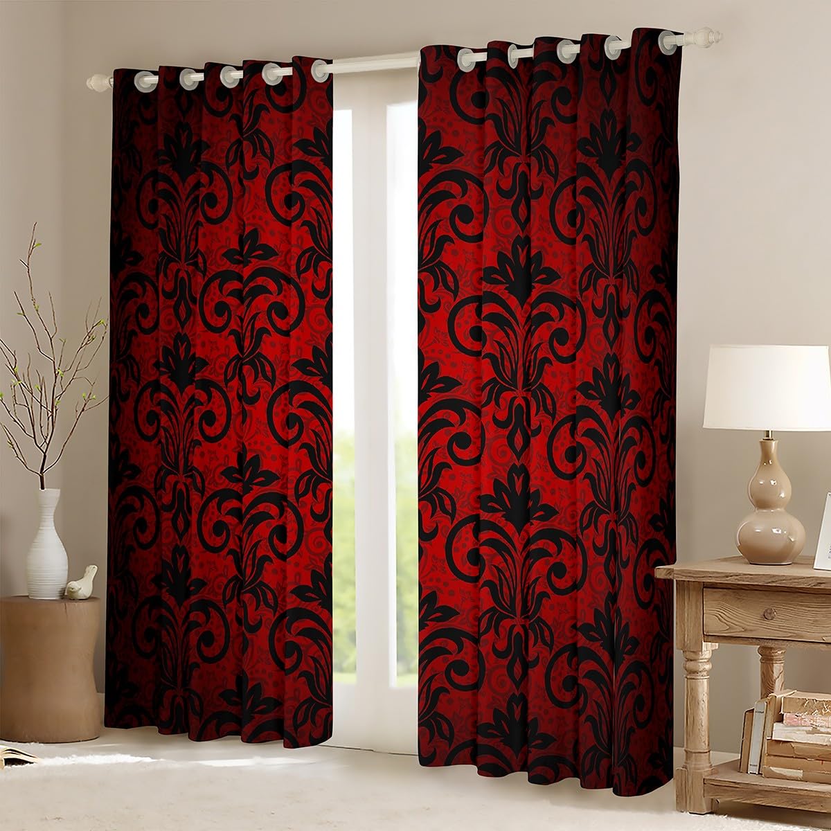 Red And Black Window Curtains Oni Curtains, 50x84' Printed Window