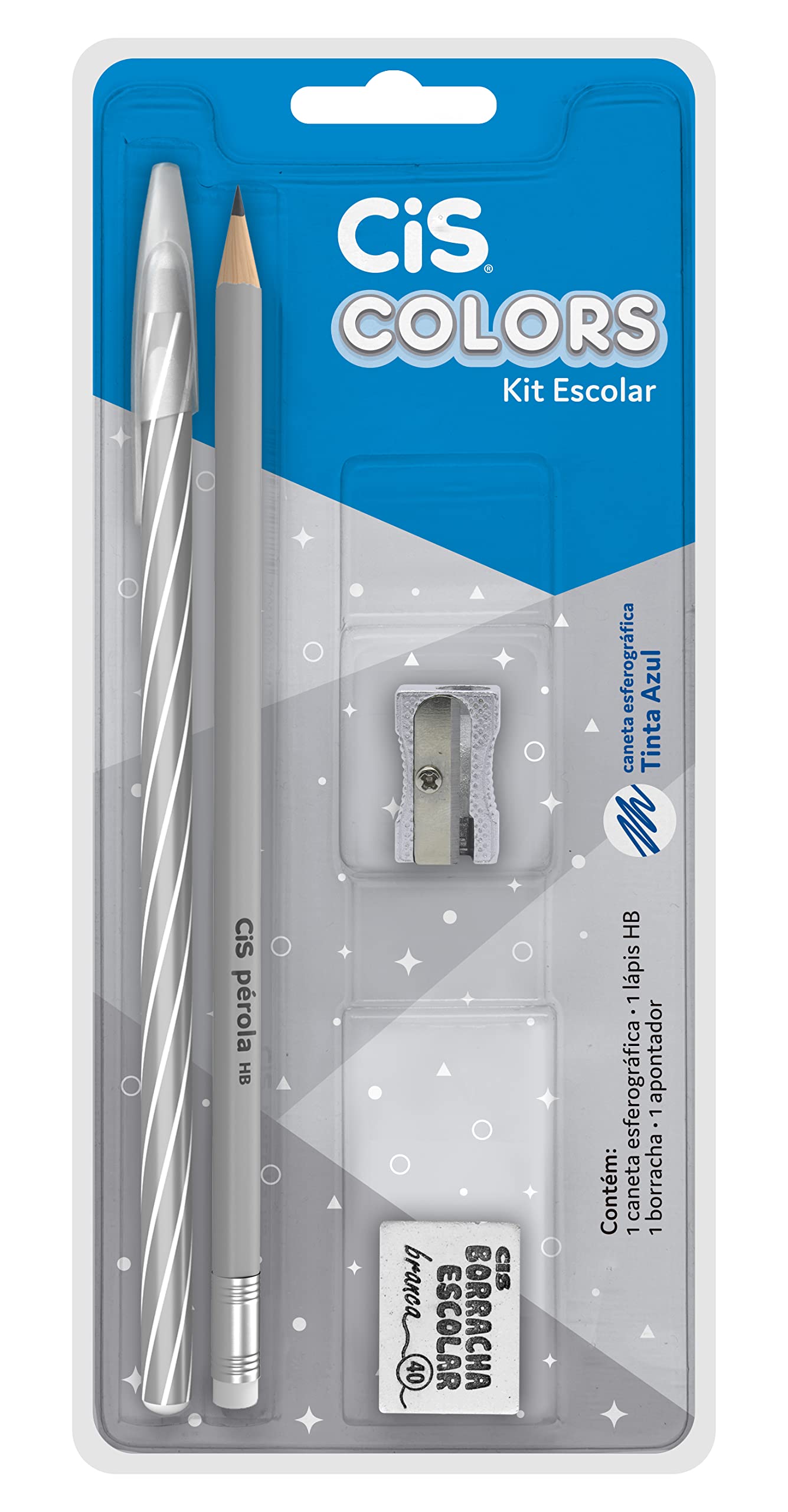 Kit Escolar CIS Colors Cinza 4 peças (1 lápis, 1 caneta CIS Spiro Clean ...