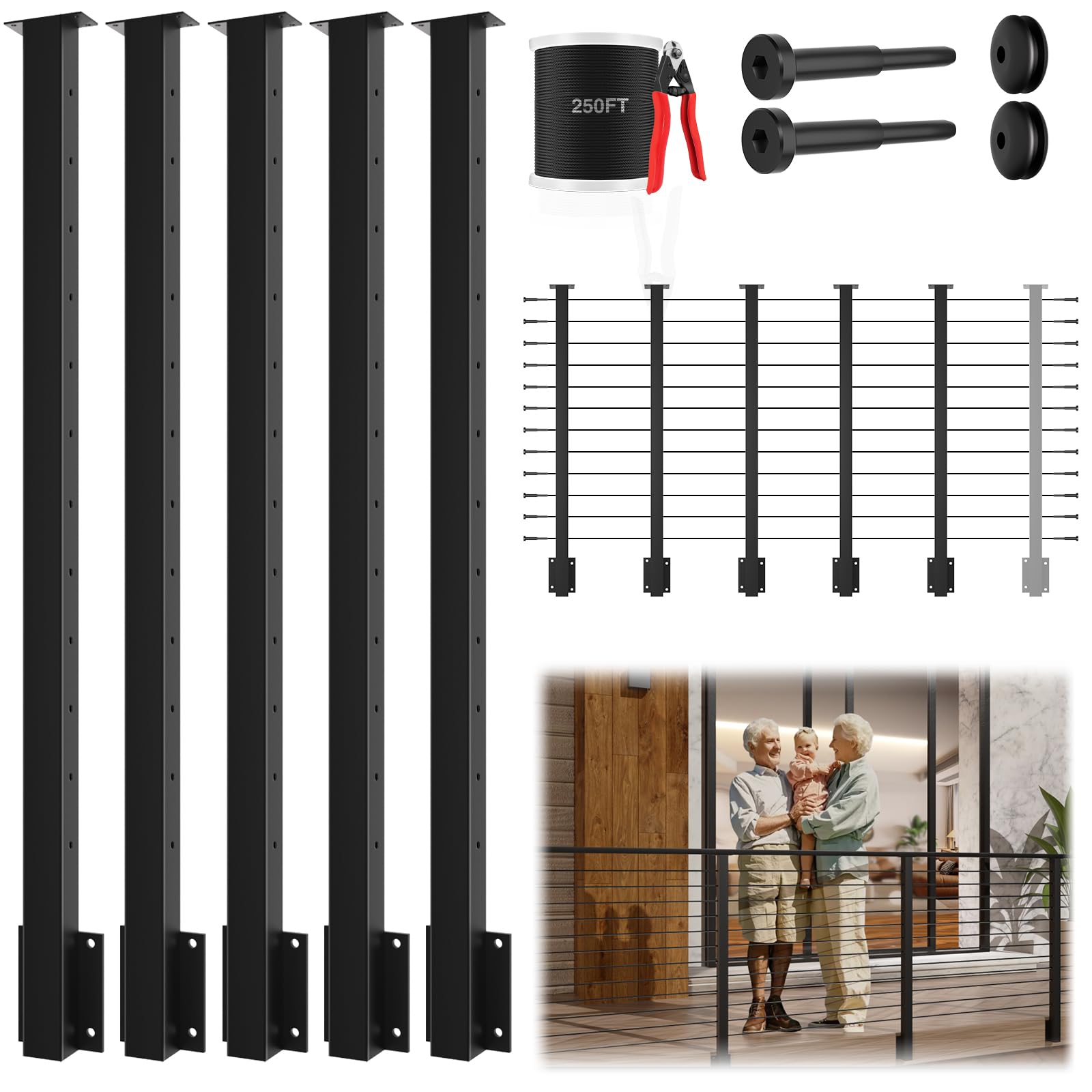 Snapklik.com : Gyykzz 42" All-Black Side Mount Cable Railing Post Kits ...
