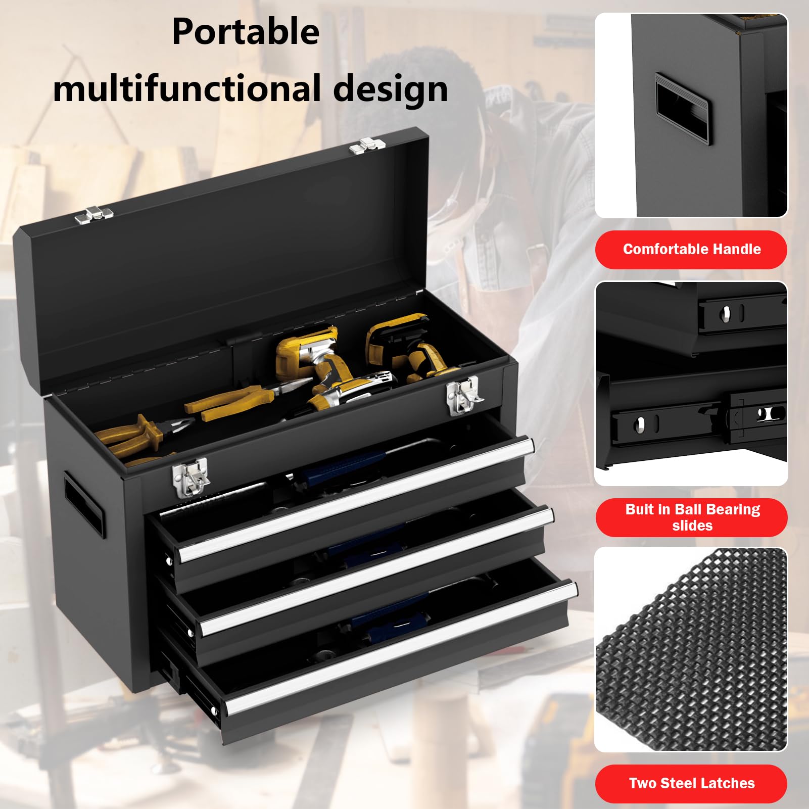 Snapklik.com : Gornoxblif 3 Drawer Metal Tool Box, Portable Metal Tool Box