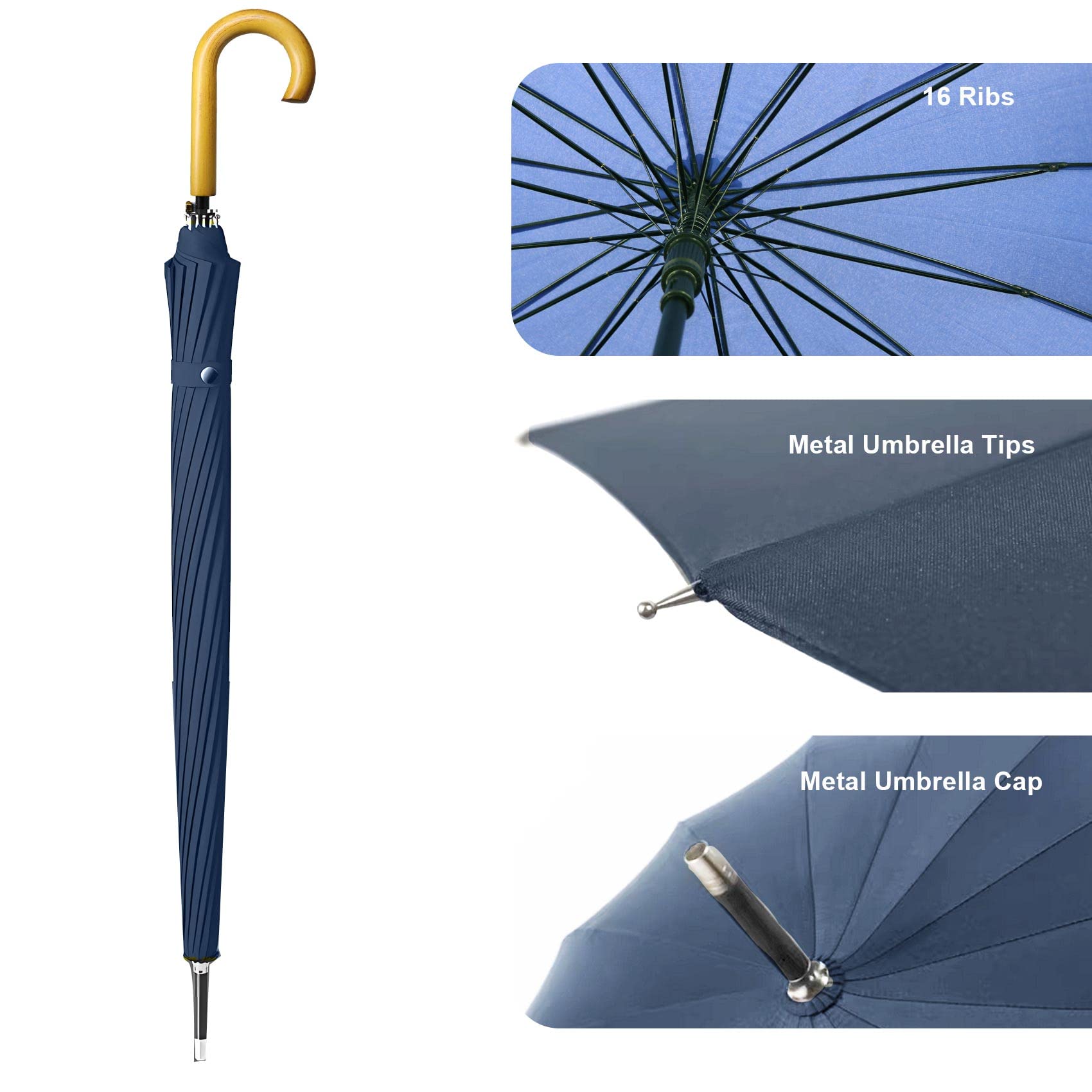 MRTLLOA 52 Inch Windproof Large Umbrellas for Rain, 16 Ribs, J Wooden ...