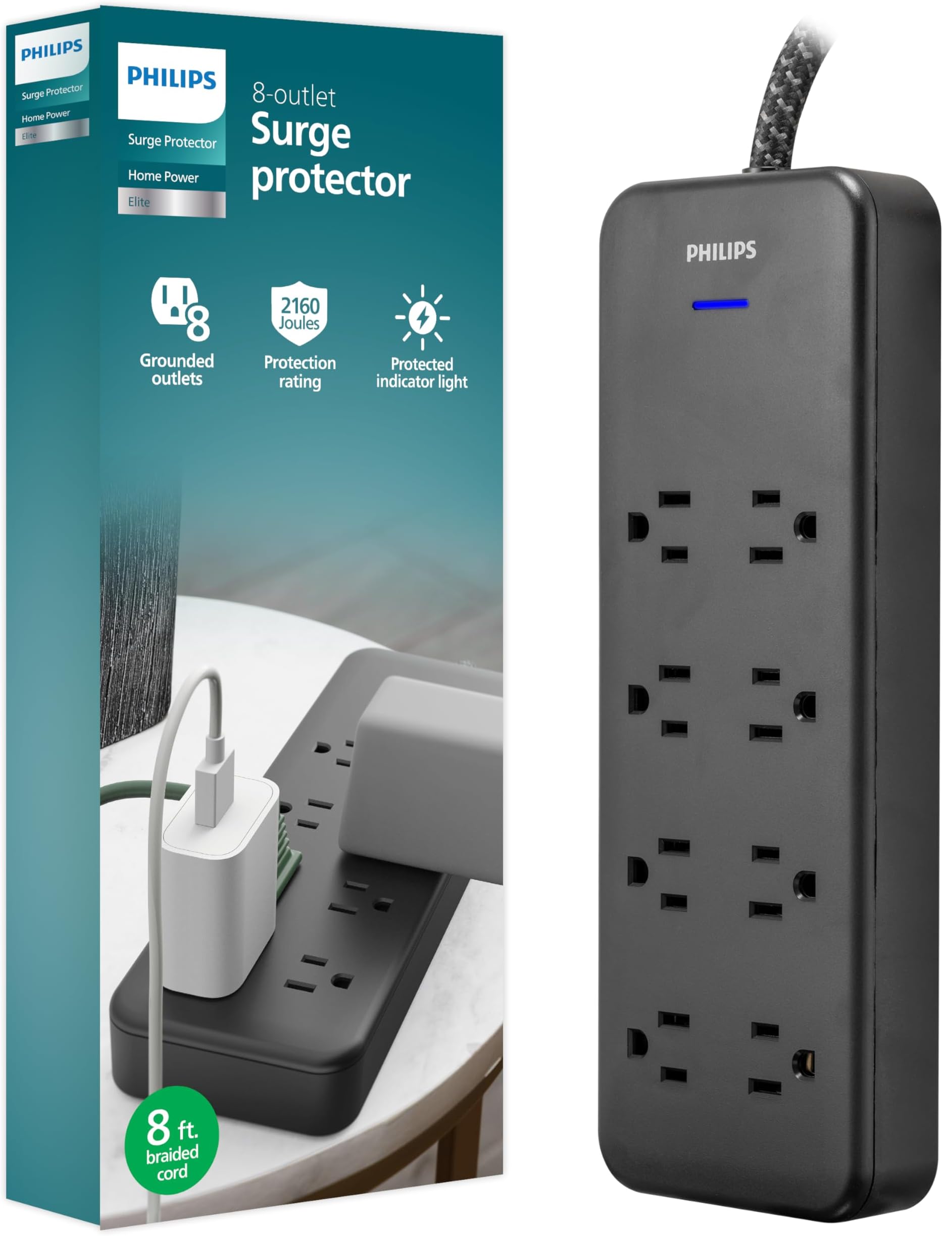 Amazon.com: Philips EZFit 8-Outlet Surge Protector Power Strip, 8 Ft ...