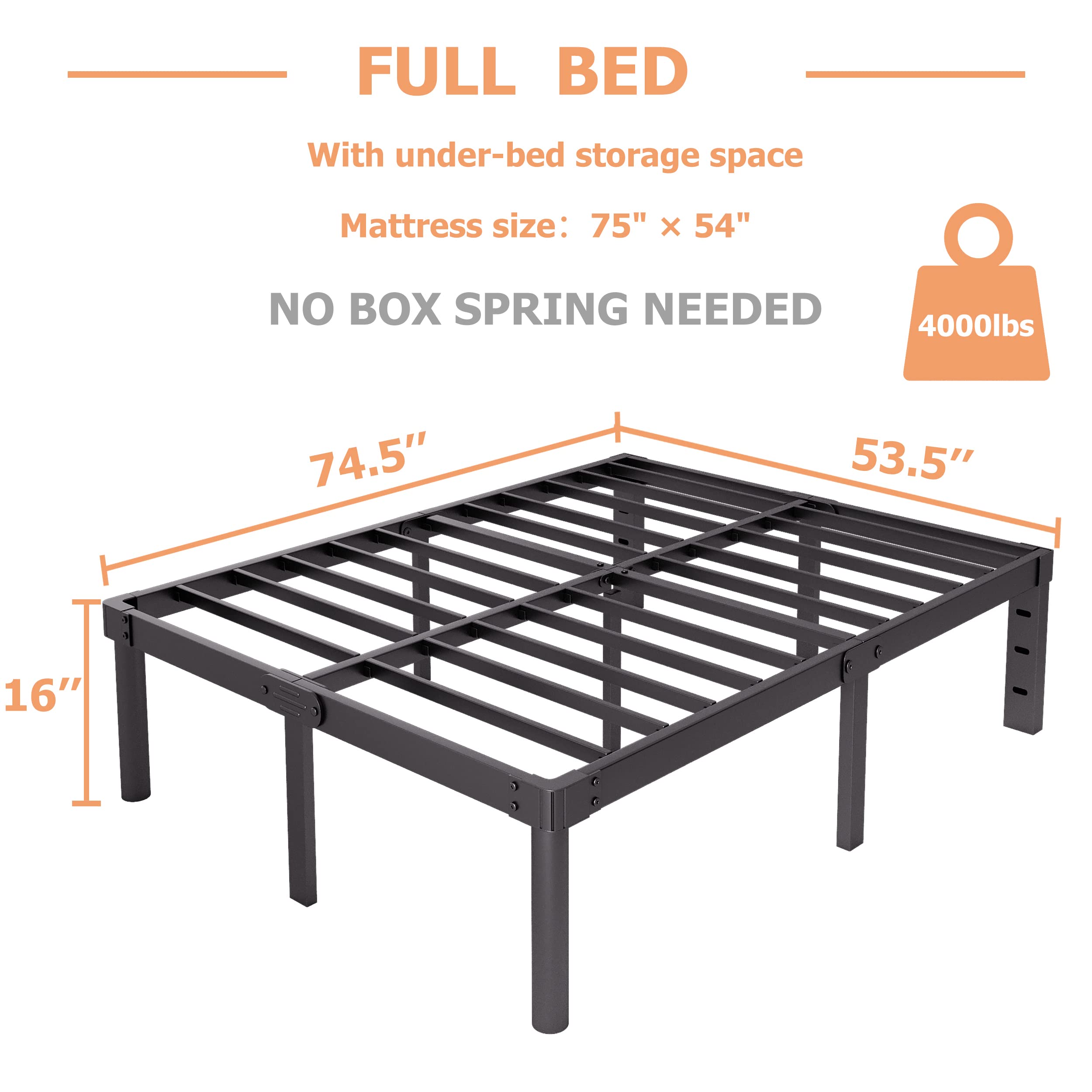 FDLOGW Full Bed Frame, 16 Inch Full-Size Metal Platform Bedframe with ...