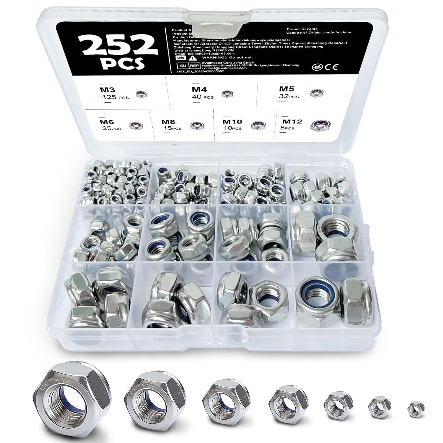 252 PCS Locknuts Assortment Kit, 7-Size (M3 M4 M5 M6 M8 M10 M12) Nylock ...