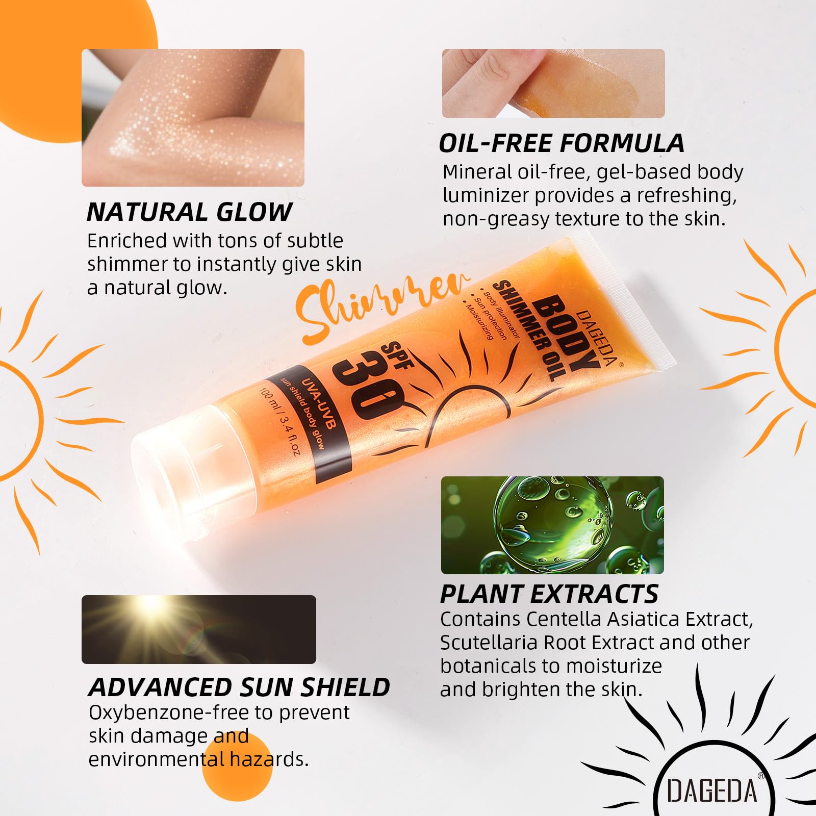 Snapklik.com : DAGEDA Body Glow Oil, SPF 30 Broad Spectrum Glitter ...