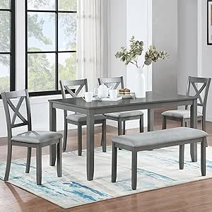 Amazon.com - LUMISOL Solid Wood Dining Table Set for 6, Farmhouse Kitchen Table Set with 4 ...
