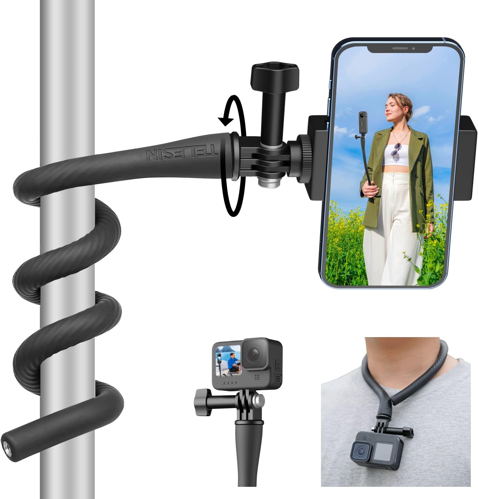TELESIN Flexible Clamp Mount Selfie Stick Extension Pole for Go Pro ...