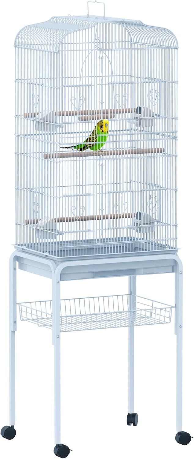 Pawhut Grande cage à oiseaux en métal sur roues avec support d'élevage ...